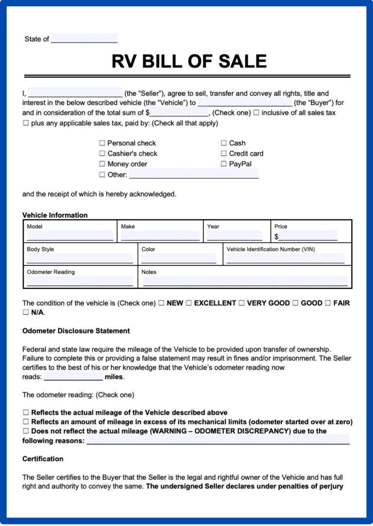 Free RV Bill of Sale Texas [Printable, Templates, PDF] - Bill of Sale ...