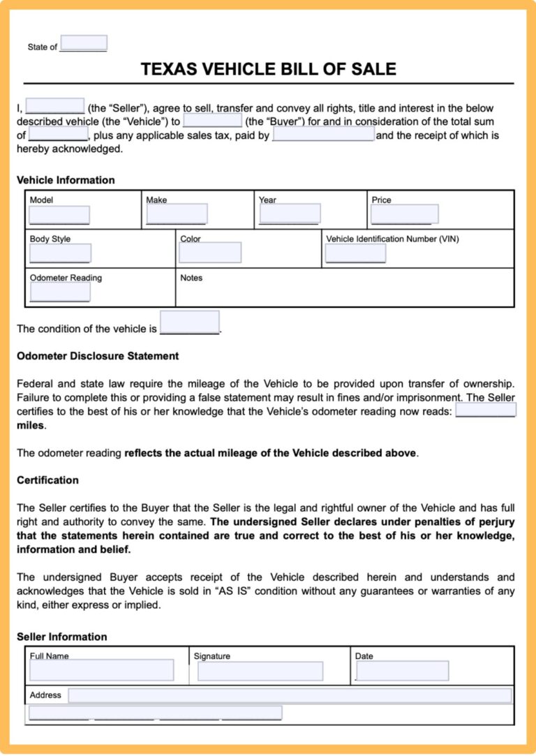 Free Vehicle Bill of Sale Texas [Form, Templates, PDF] - Bill of Sale ...