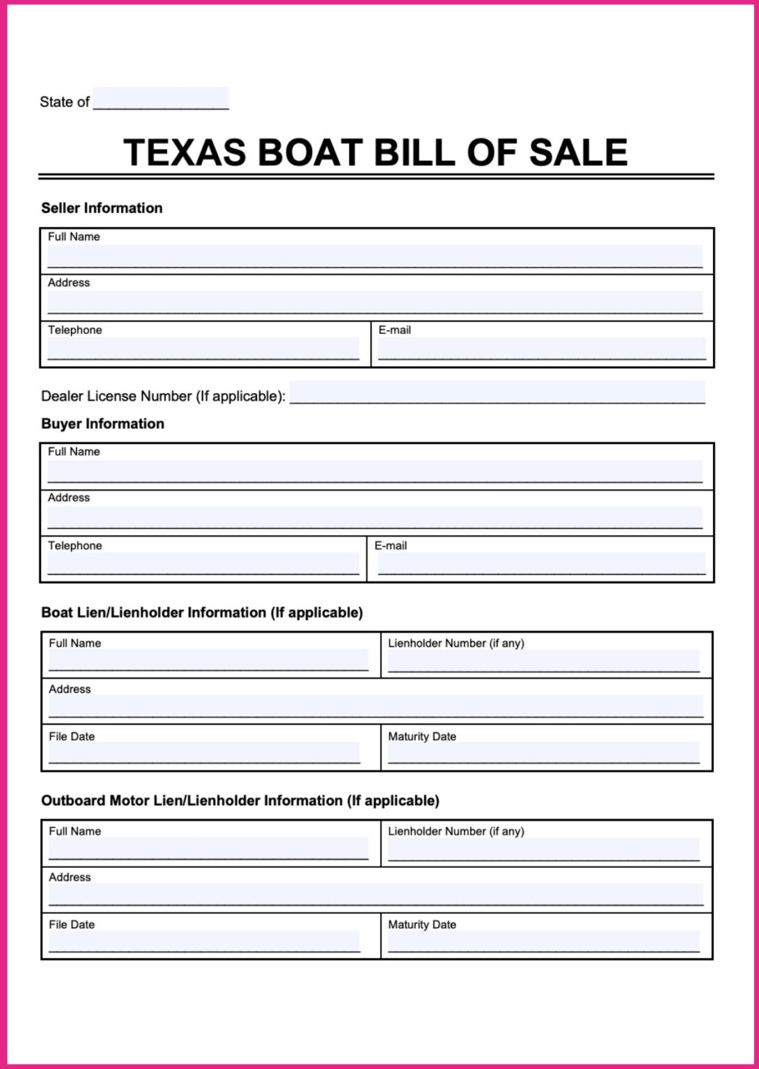 Free Texas Boat Bill of Sale [Printable Templates, PDF] - Bill of Sale ...